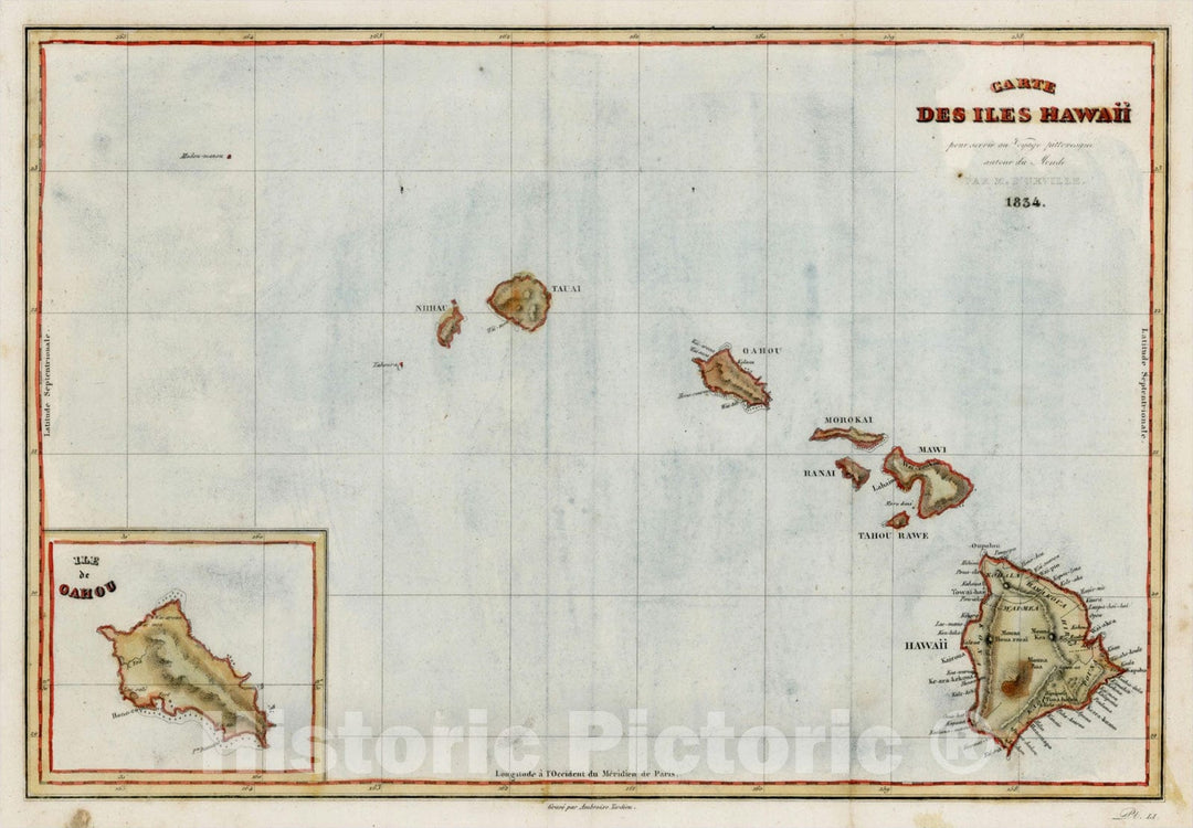 Historic Map : Carte Des Iles Hawaii . . .1834, 1834, Jules Sebastian ...