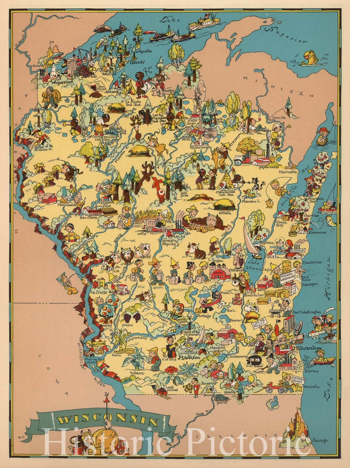 Historic Map : Wisconsin, 1935, Ruth Taylor White, v2, Vintage Wall Ar ...