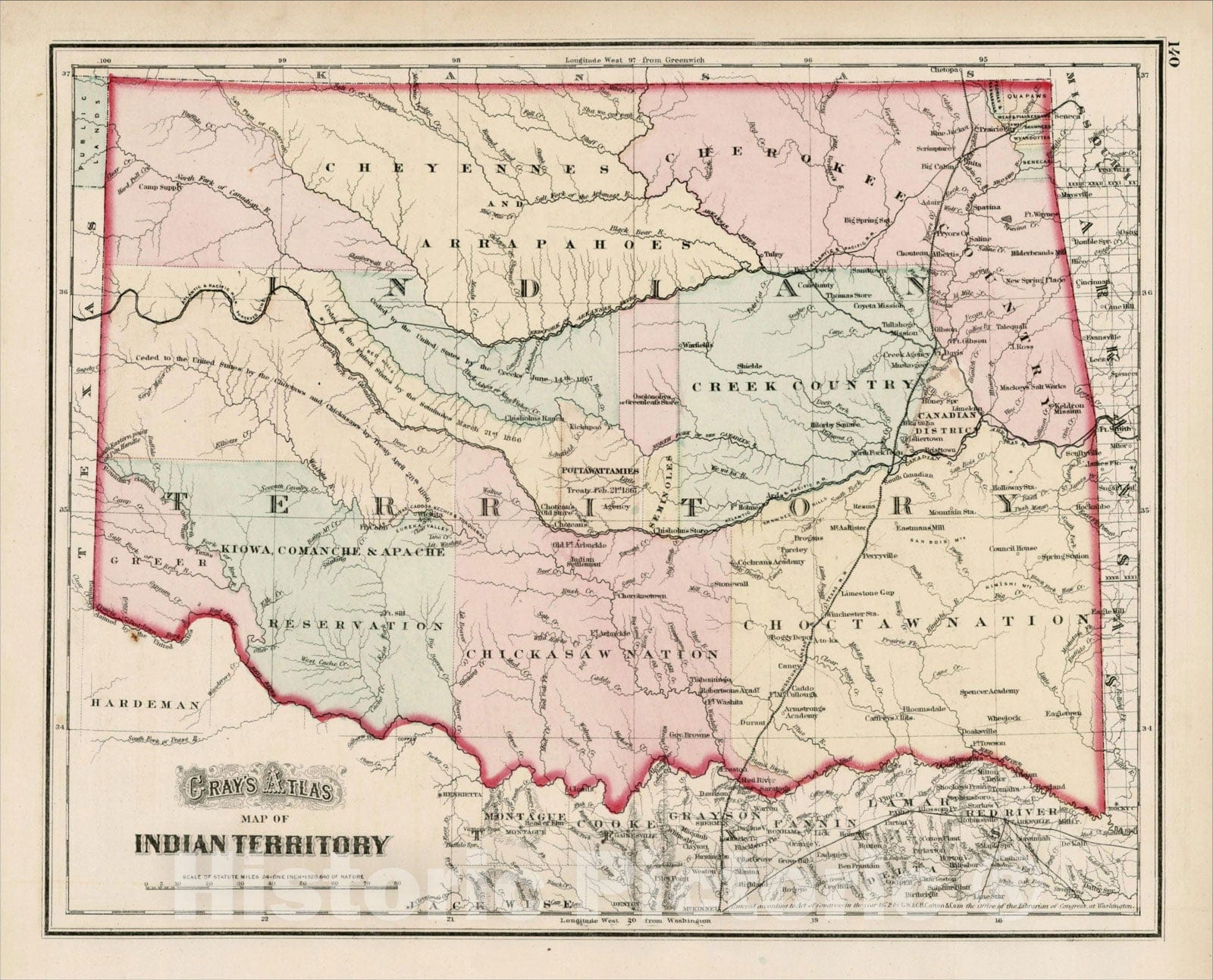 Historic Map : Gray's Atlas Map of Indian Territory, 1873, O.W. Gray ...