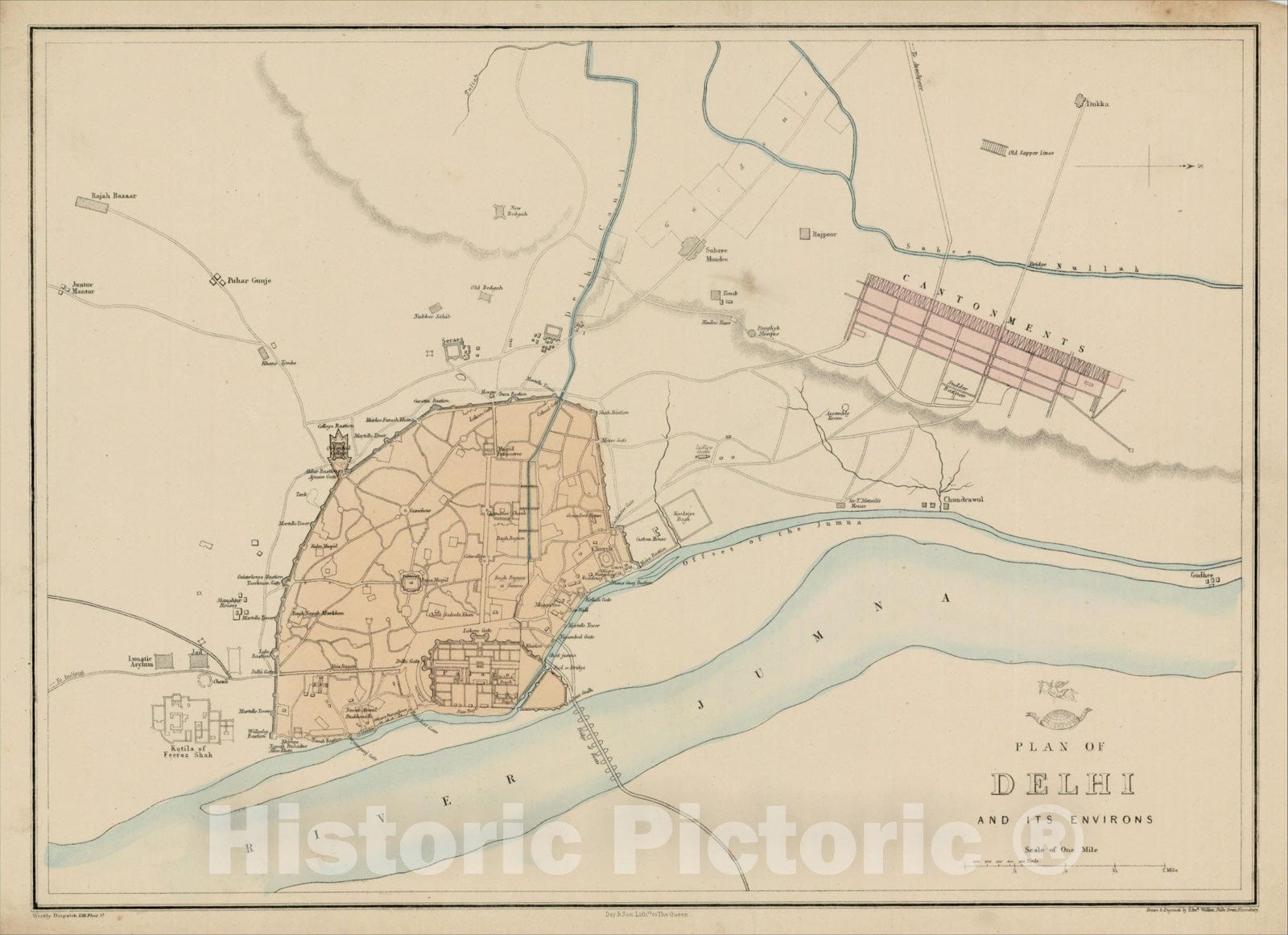Historic Map : Plan of Delhi and its Environs, c1863, Edward Weller, V ...