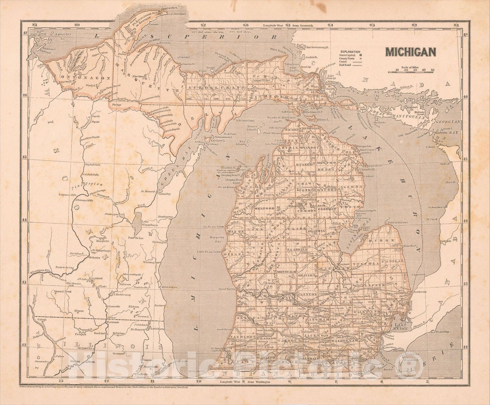 Historic Map : Michigan, 1844, Sidney Morse, Vintage Wall Art ...