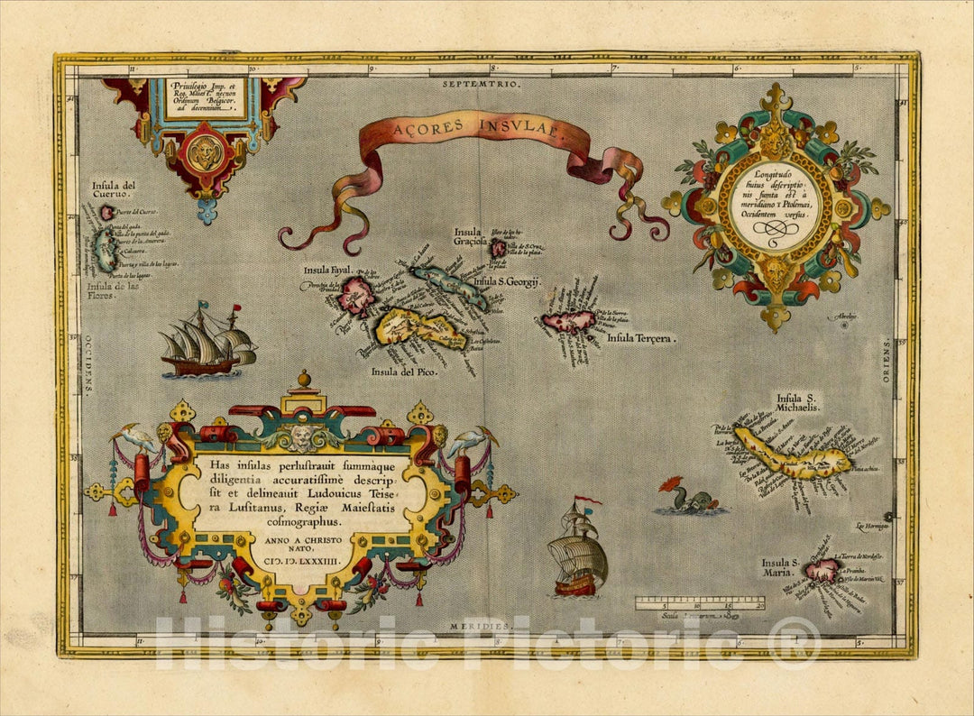 Historic Map : Acores Insulae, 1608, Abraham Ortelius, Vintage Wall Ar – Historic Pictoric