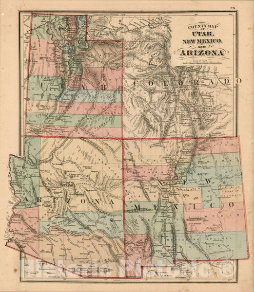 Historic Map : County Map of Utah, New Mexico And Arizona, 1871, , Vin ...