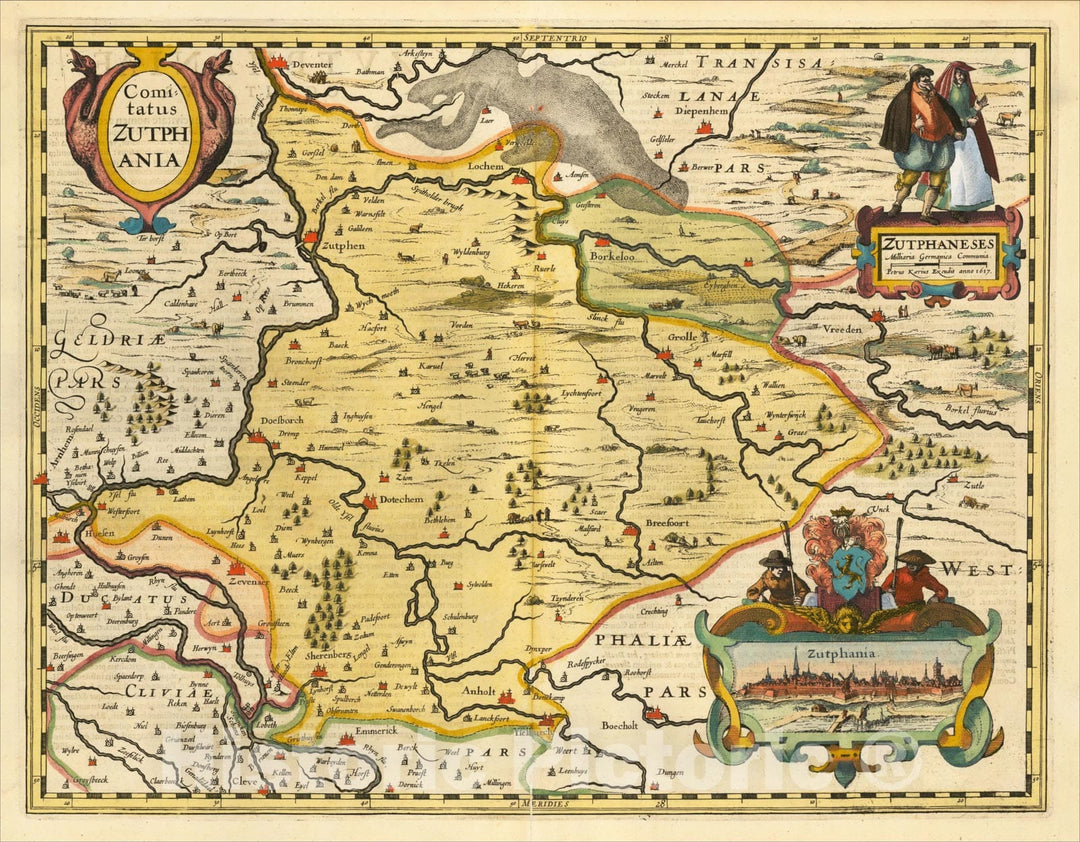 Historic Map : Comitatus Zutphania, 1617, Petrus Kaerius, Vintage Wall ...