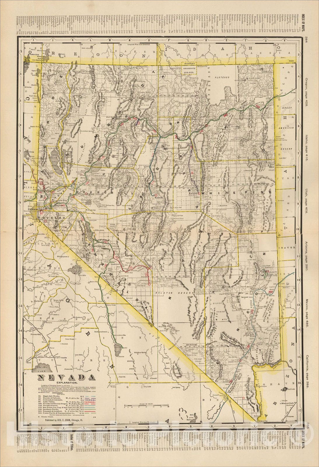 Historic Map : Nevada, 1895, George F. Cram, Vintage Wall Art ...
