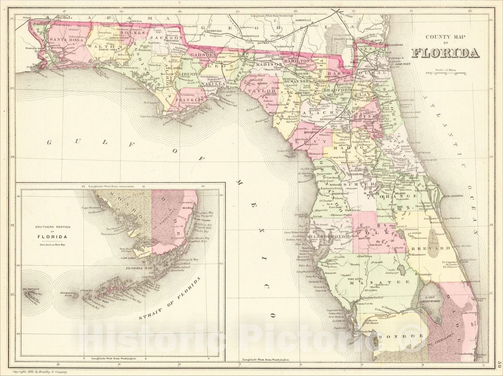 Historic Map : County Map of Florida, 1882, Samuel Augustus Mitchell J ...