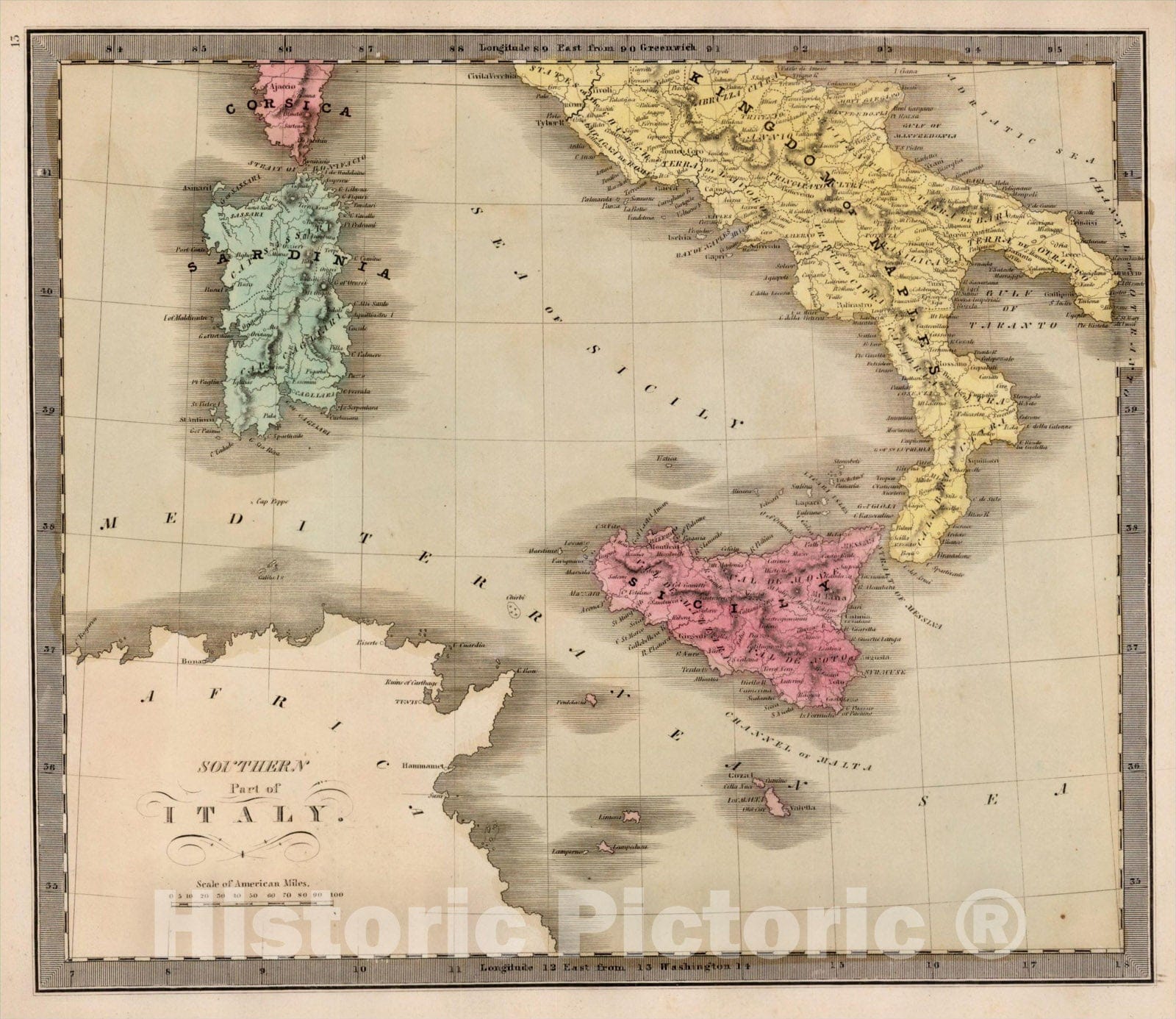 Historic Map : Southern Part of Italy (with Sicily, Sardinia, Malta an ...