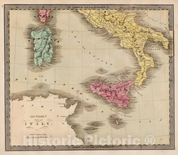 Historic Map : Southern Part of Italy (with Sicily, Sardinia, Malta an ...