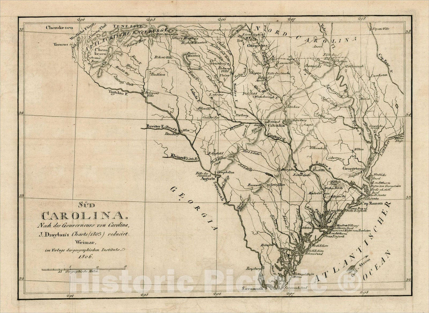 Historic Map : Sud Carolina. Nach des Gouverneurs von Carolina, J Dray ...