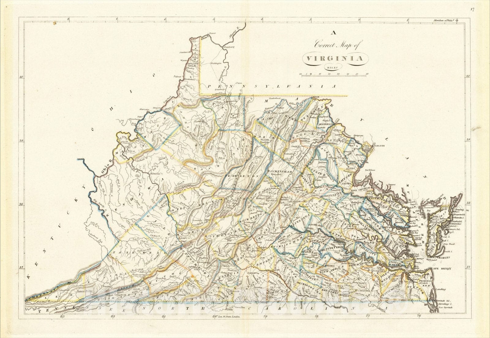 Historic Map : A Correct Map of Virginia, 1814, Mathew Carey, Vintage ...