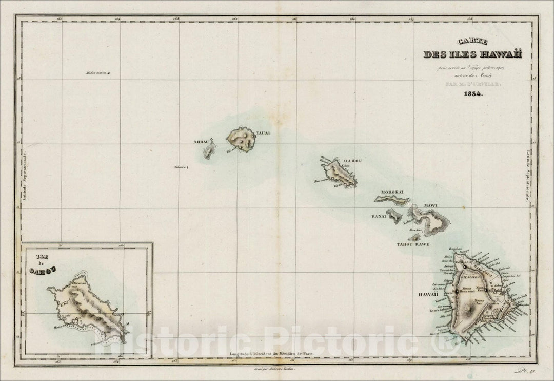 Historic Map : Carte Des Iles Hawaii, 1834, 1834, Jules Sebastian Cesa ...