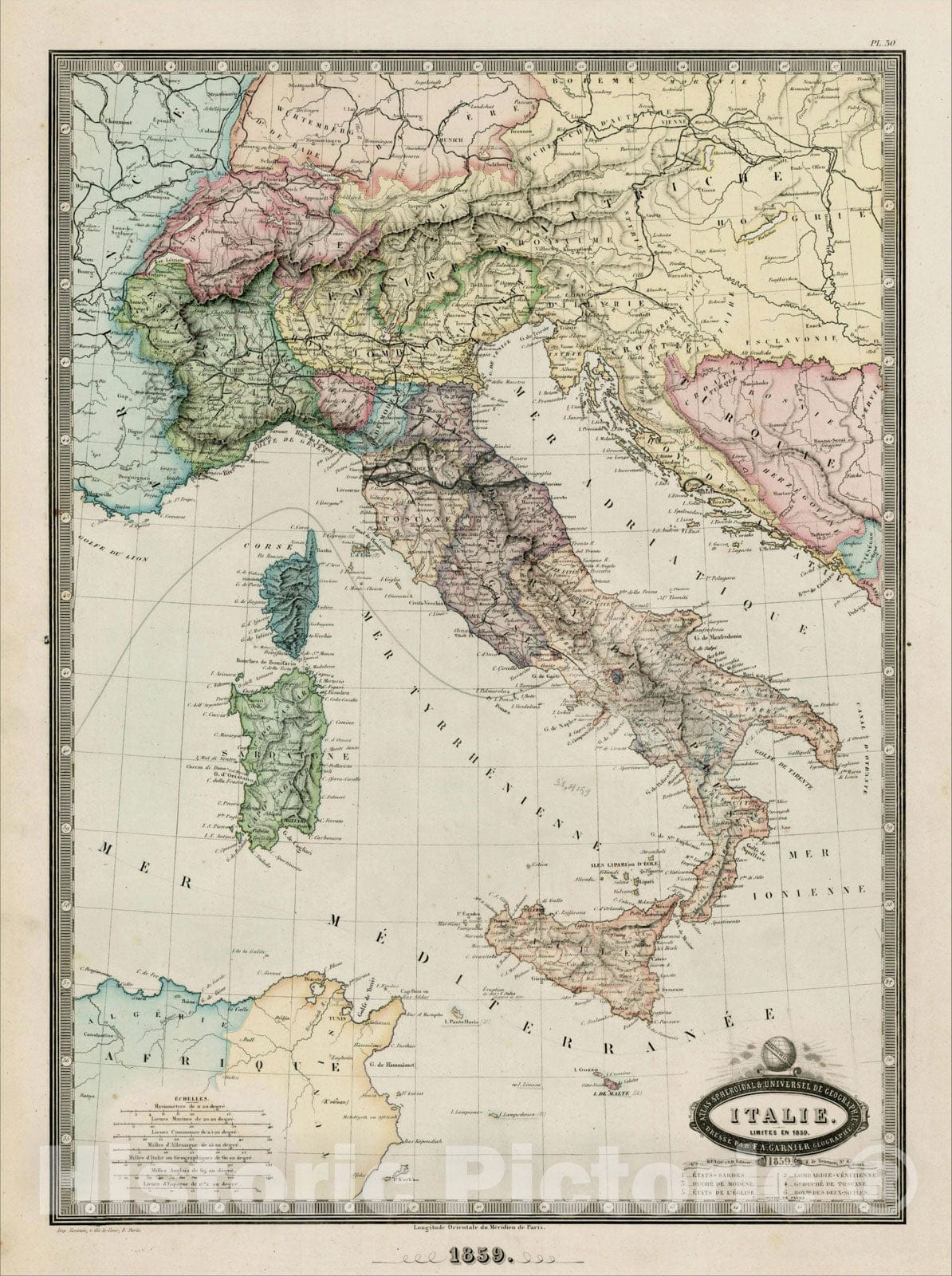 Historic Map : Italie Limites en 1859, 1861, F.A. Garnier, Vintage Wal ...