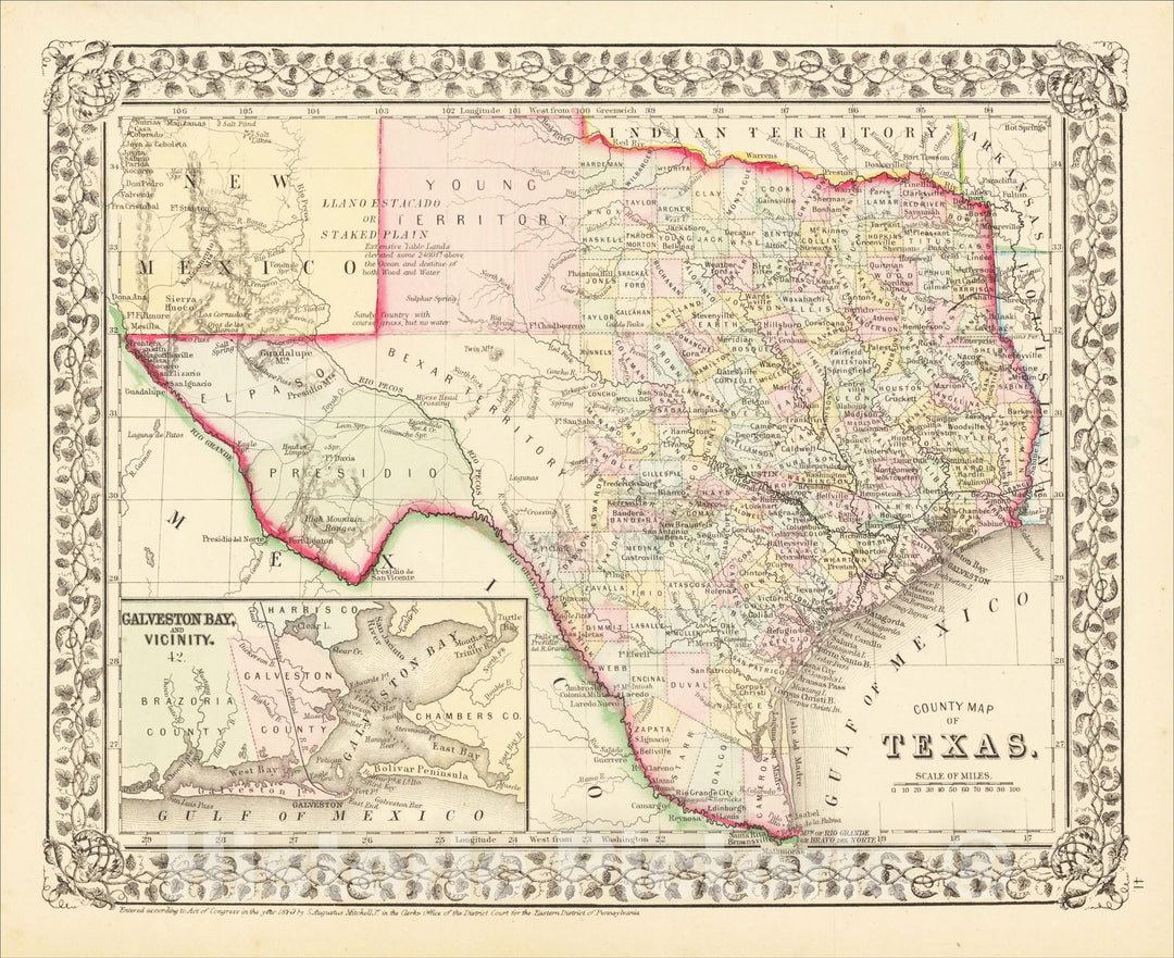Historic Map : County Map of Texas, 1870, Samuel Augustus Mitchell Jr ...