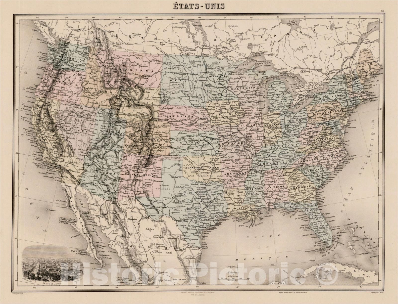 Historic Map : Etats Unis (with view of Washington DC), 1875, , Vintag ...