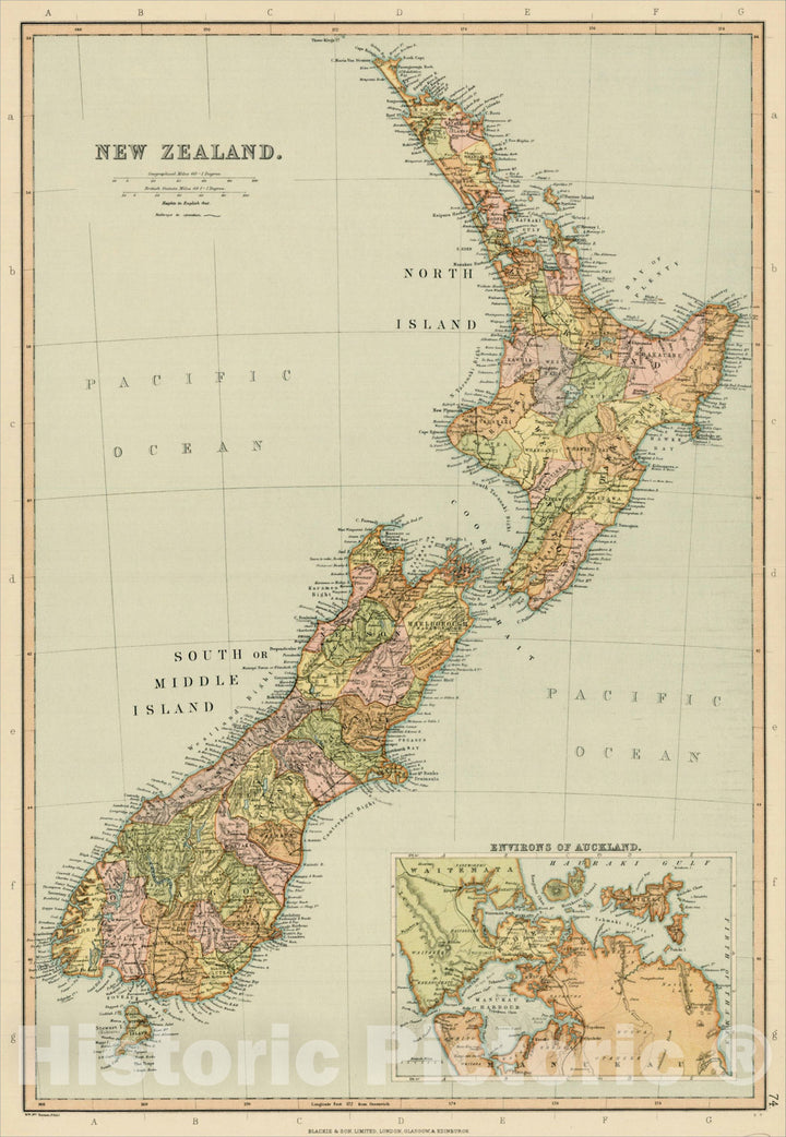 Historic Map : New Zealand (with Environs of Auckland), c1870, , Vinta ...