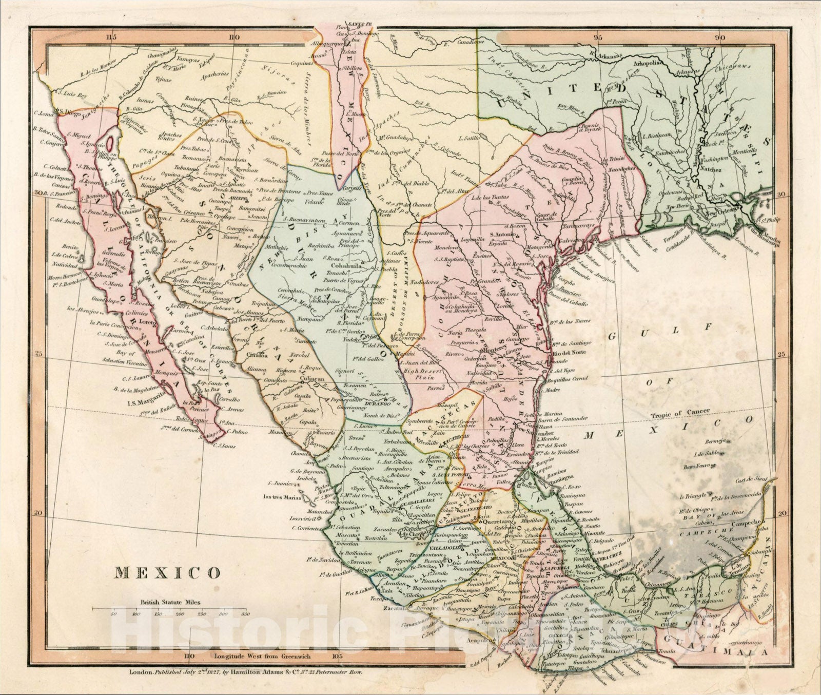 Historic Map : Mexico, 1827, Hamilton, Adams & Co., Vintage Wall Art ...