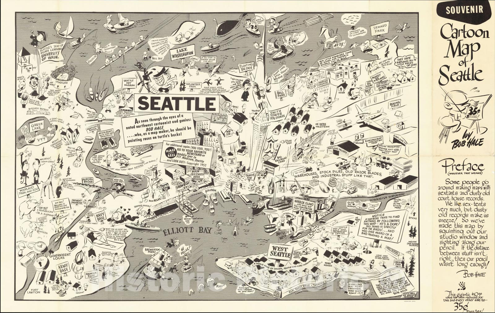 Historic Map : Souvenir Cartoon Map of Seattle by Bob Hale, 1952, , Vi ...