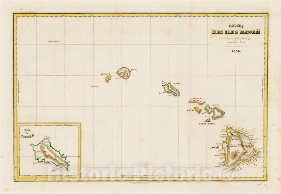 Historic Map : Carte Des Iles Hawaii, 1834, 1834, Jules Sebastian Cesa ...