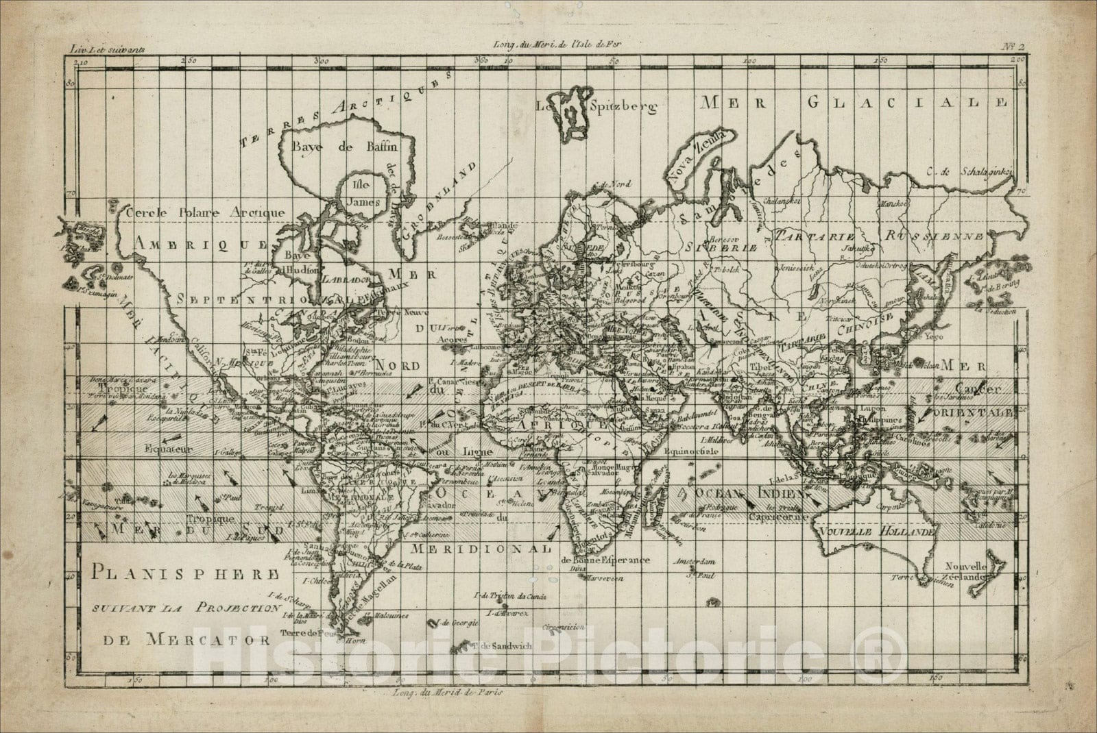 Historic Map : Planisphere suivant la Projection de Mercator, 1780, Ri ...