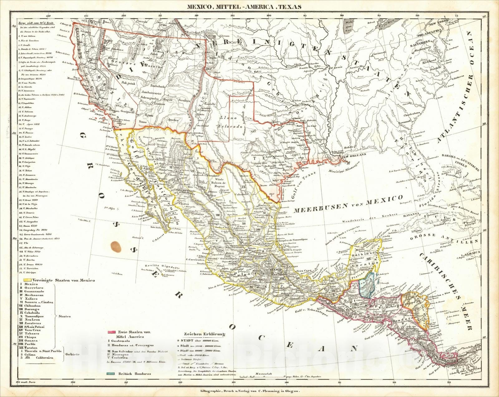 Historic Map : Mexico, Mittel-America, Texas, 1850, Carl Flemming, Vin ...