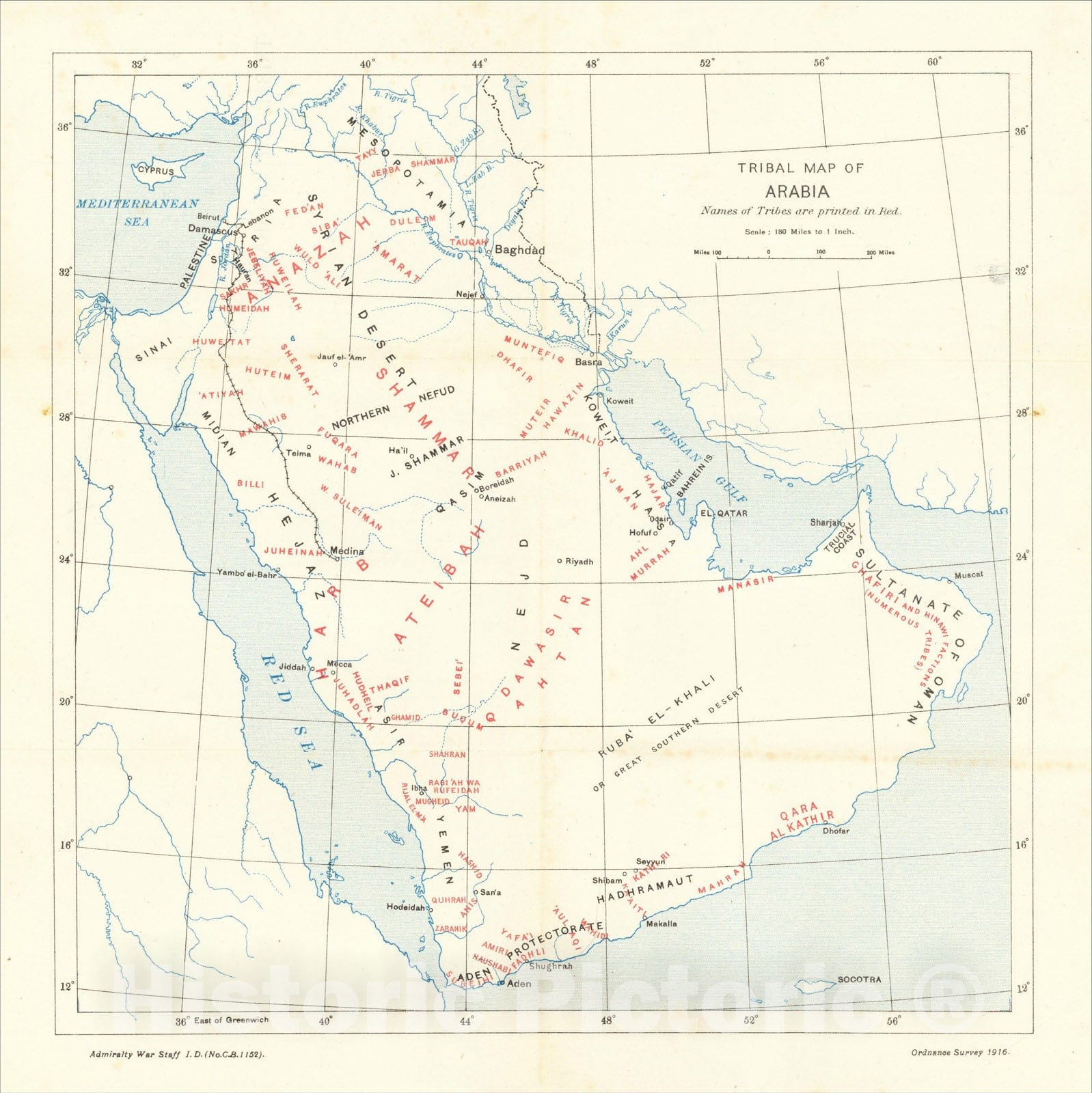 Historic Map : Tribal Map of Arabia with Arabia Districts and Towns wi ...