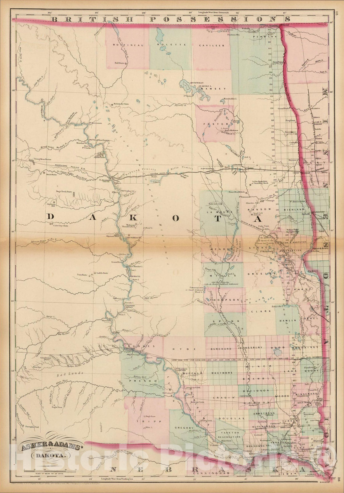 Historic Map : Asher & Adams' Dakota, 1874, Asher, Vintage Wall Art ...