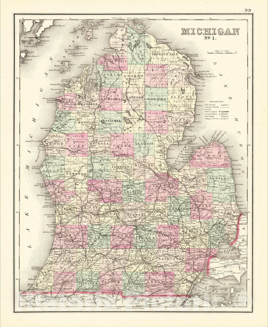 Historic Map : Michigan, 1875, R. Gray, Vintage Wall Art – Historic ...