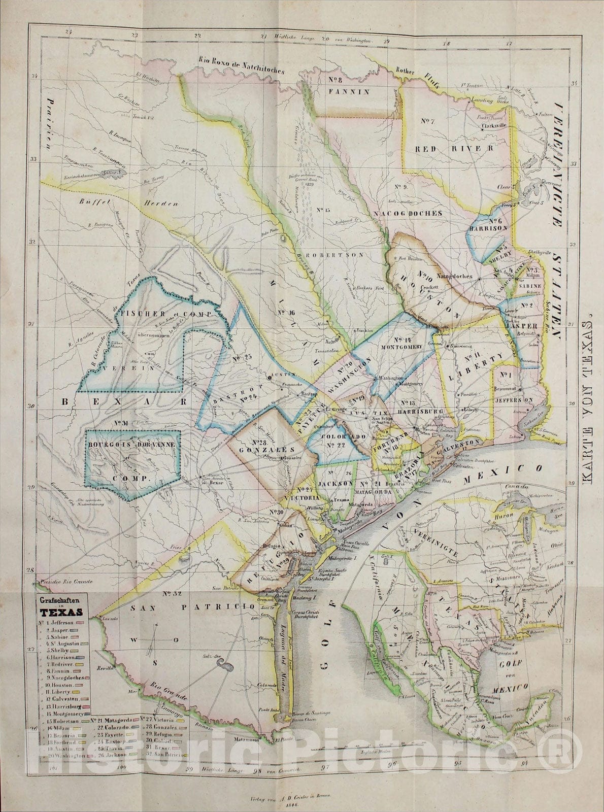 Historic Map : Karte Von Texas, 1846, A.D. Geisler, Vintage Wall Art ...