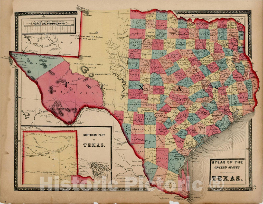 Historic Map : Texas, 1872, Henry Francis Walling, Vintage Wall Art ...