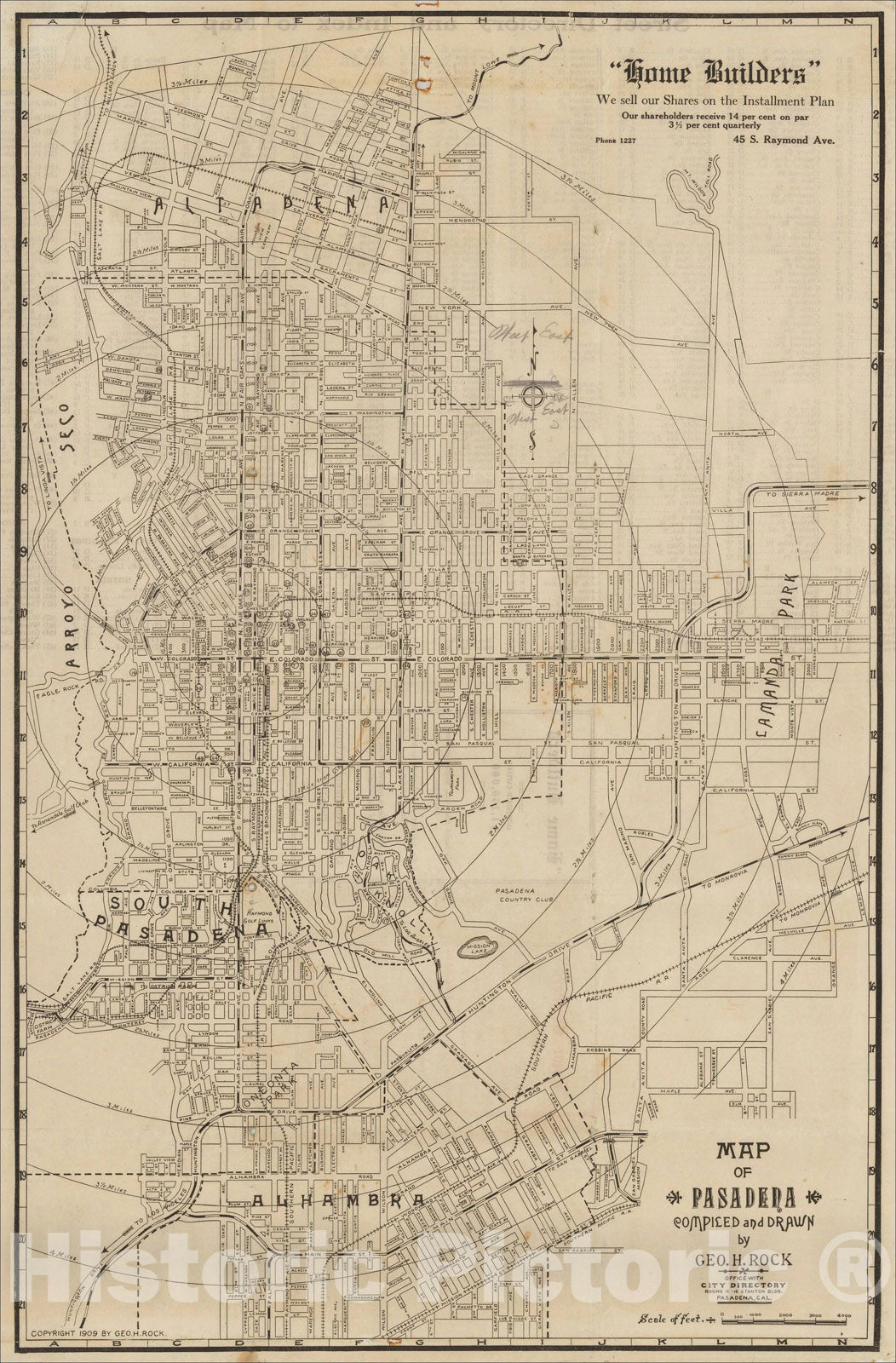 Historic Map : Map of Pasadena Compiled and Drawn by Geo. H. Rock, 190 ...