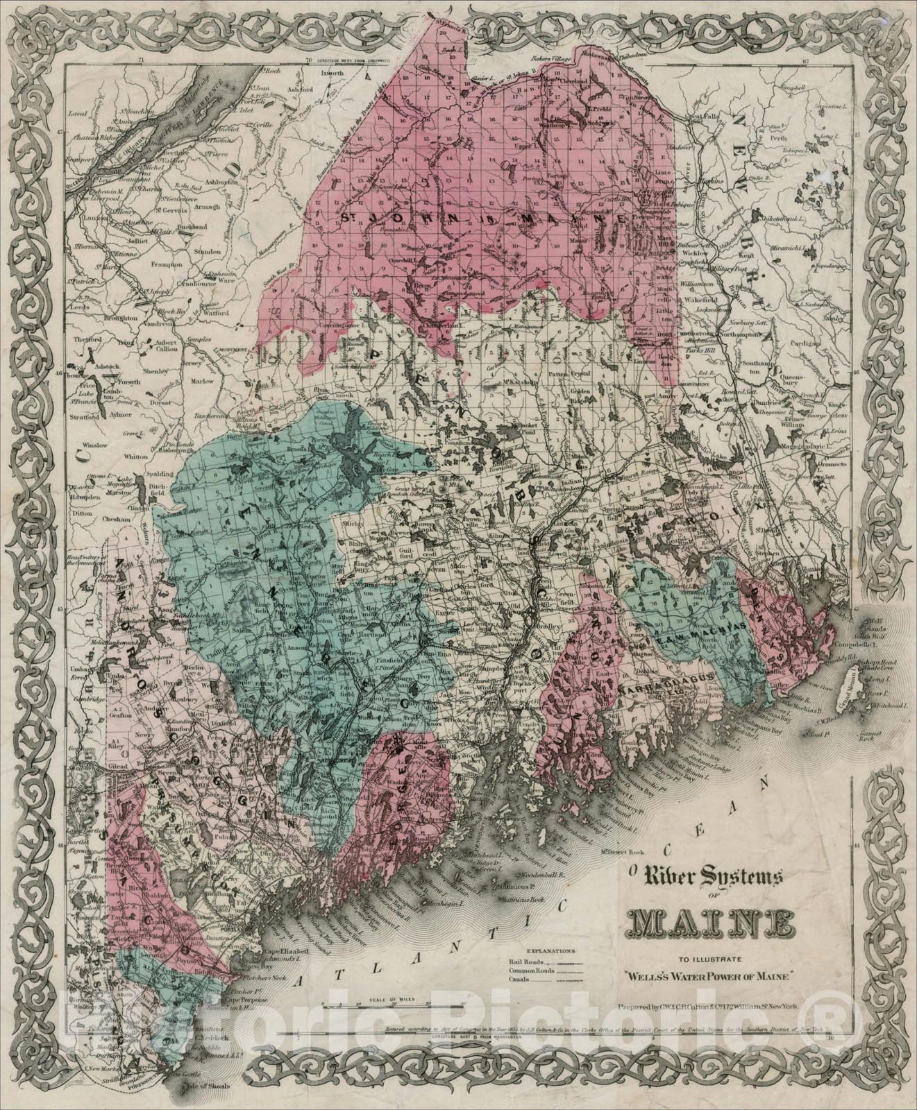 Historic Map : River Systems of Maine To Illustrate Wells's Water Powe ...