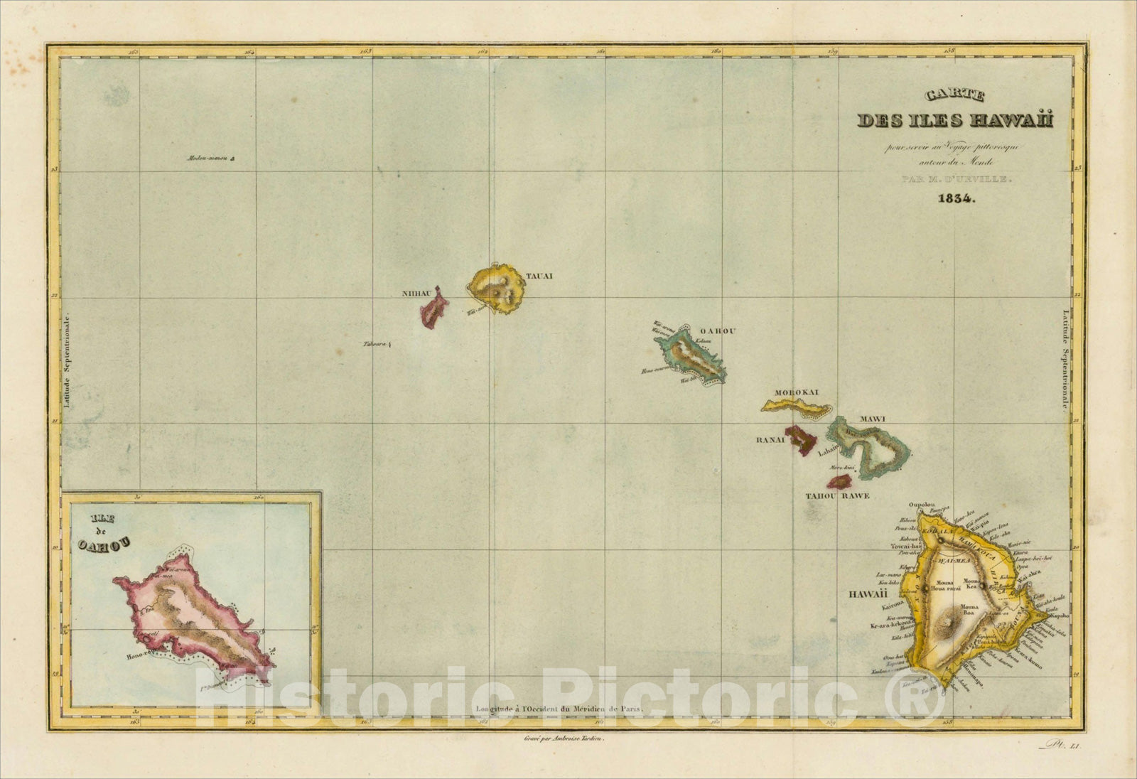 Historic Map : Carte Des Iles Hawaii, 1834, 1834, Jules Sebastian Cesa ...