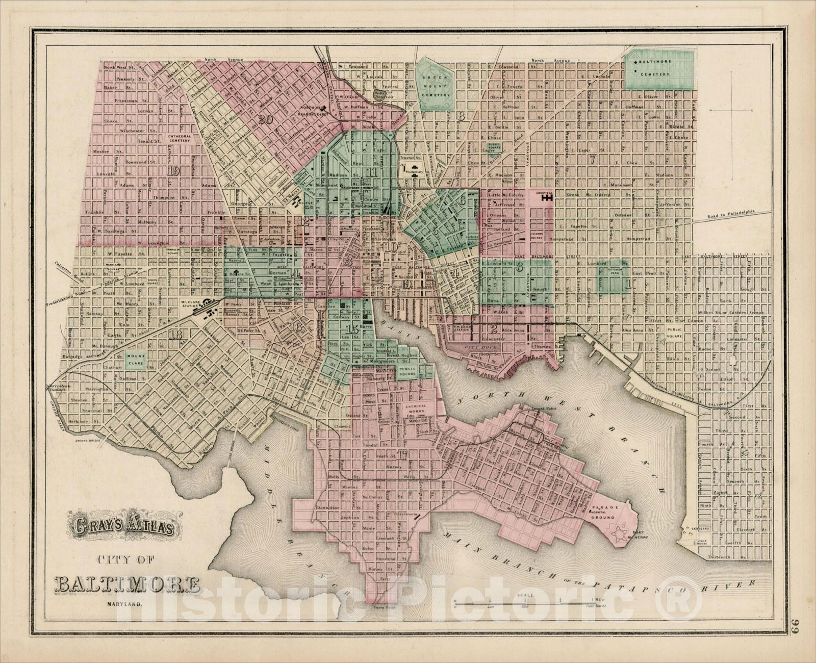 Historic Map : Gray's Atlas City of Baltimore, 1873, O.W. Gray, Vintag ...