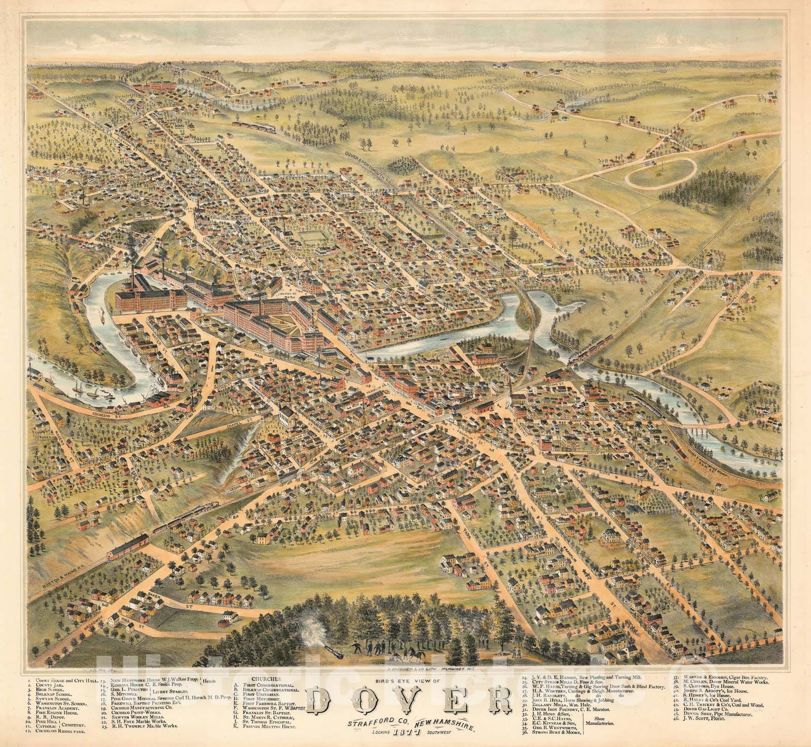 Historic Map : Bird's-Eye View Dover, New Hampshire, Albert Ruger, 187 ...