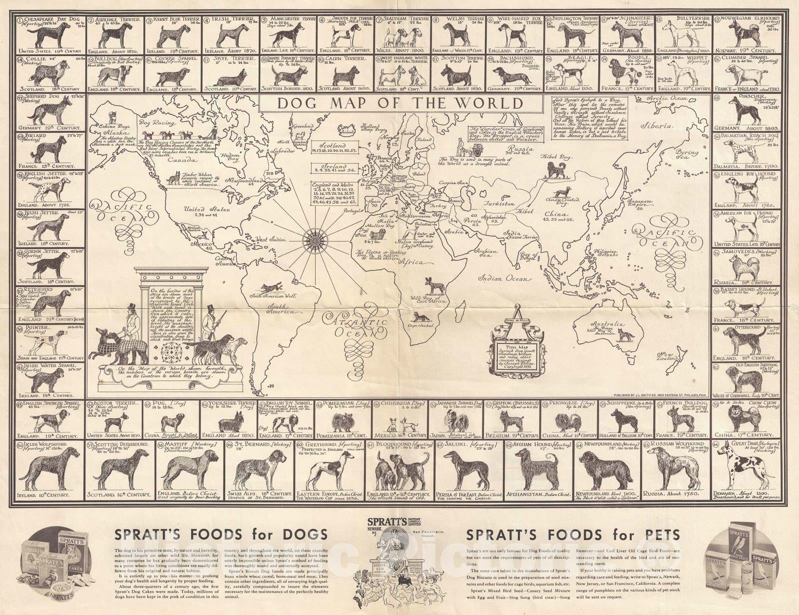 Historic Map : Sims Pictorial Dog Map of The World, 1933, Vintage Wall ...