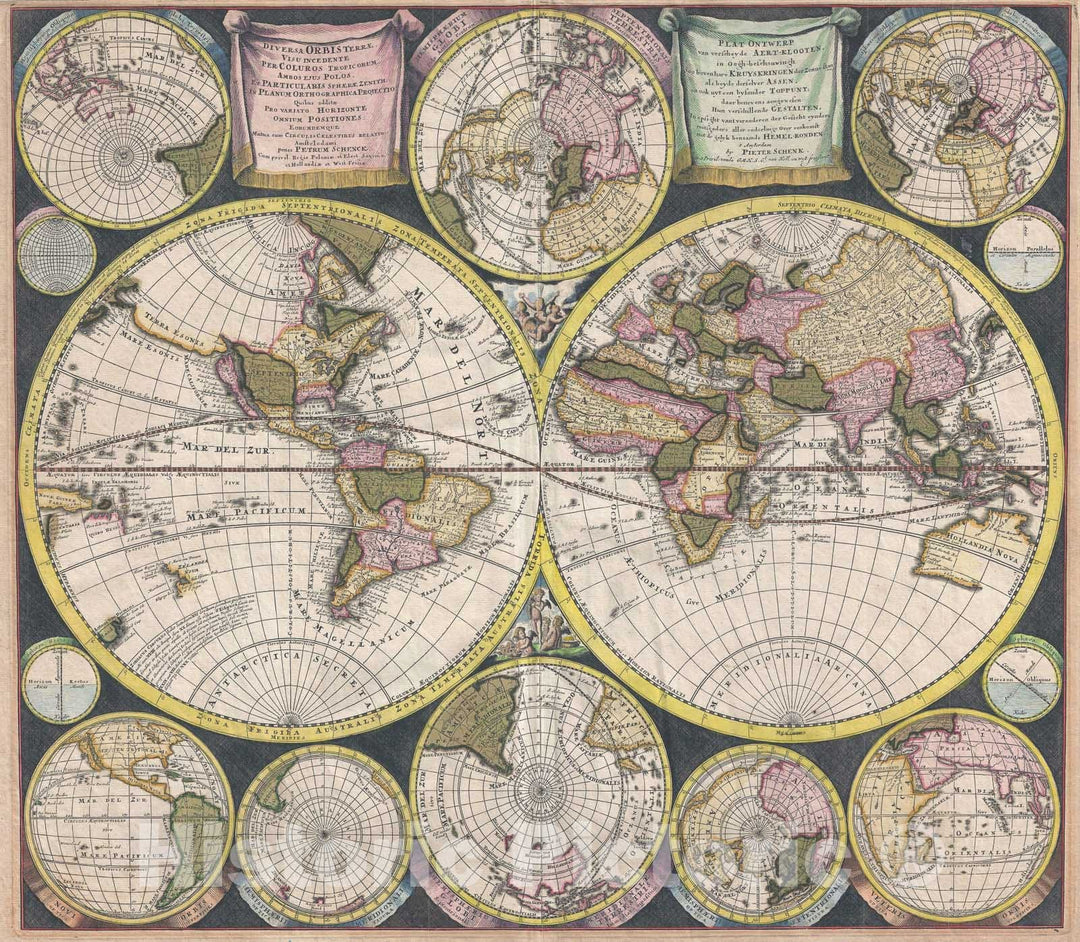 Historic Map : Double Hemisphere ma of The World, Schenk, 1706, Vintag ...