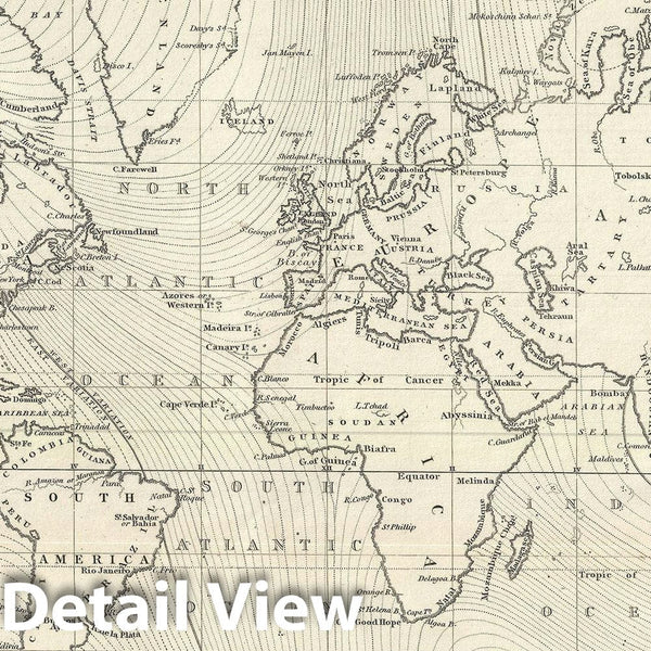 Historic Map : Chart World showing Magnetic Waves, Black, 1844, Vintag ...