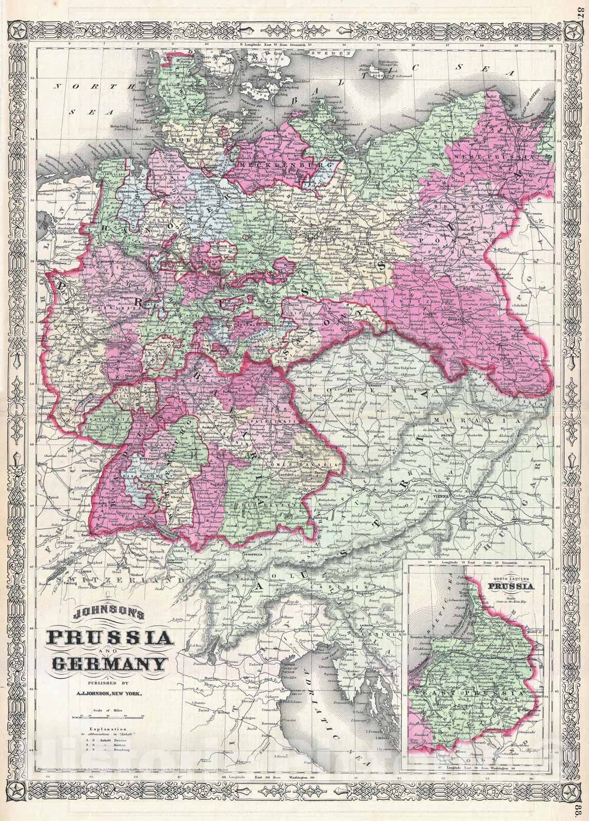 Historic Map : Prussia and Germany, Johnson, 1866, Vintage Wall Art ...