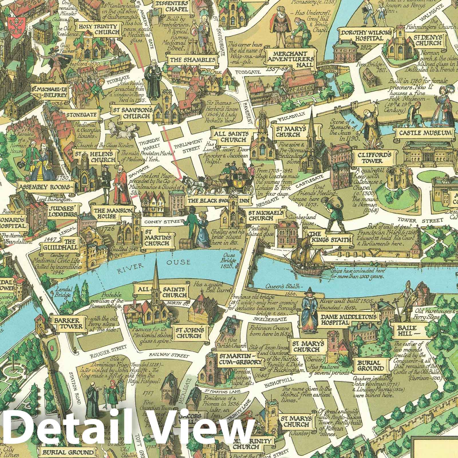 Historic Map : Pictorial map of York, England, Clark, 1947, Vintage Wa ...