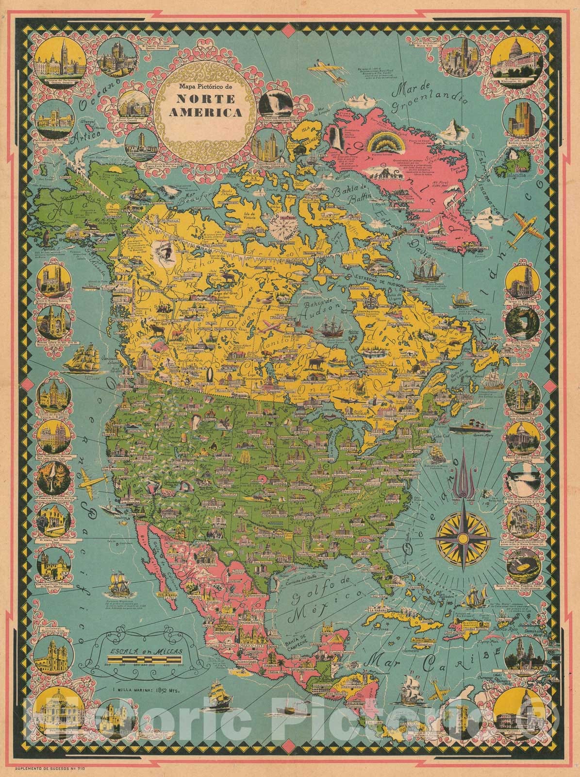 Historic Map : Chase Pictorial Map of North America Published in Spani ...