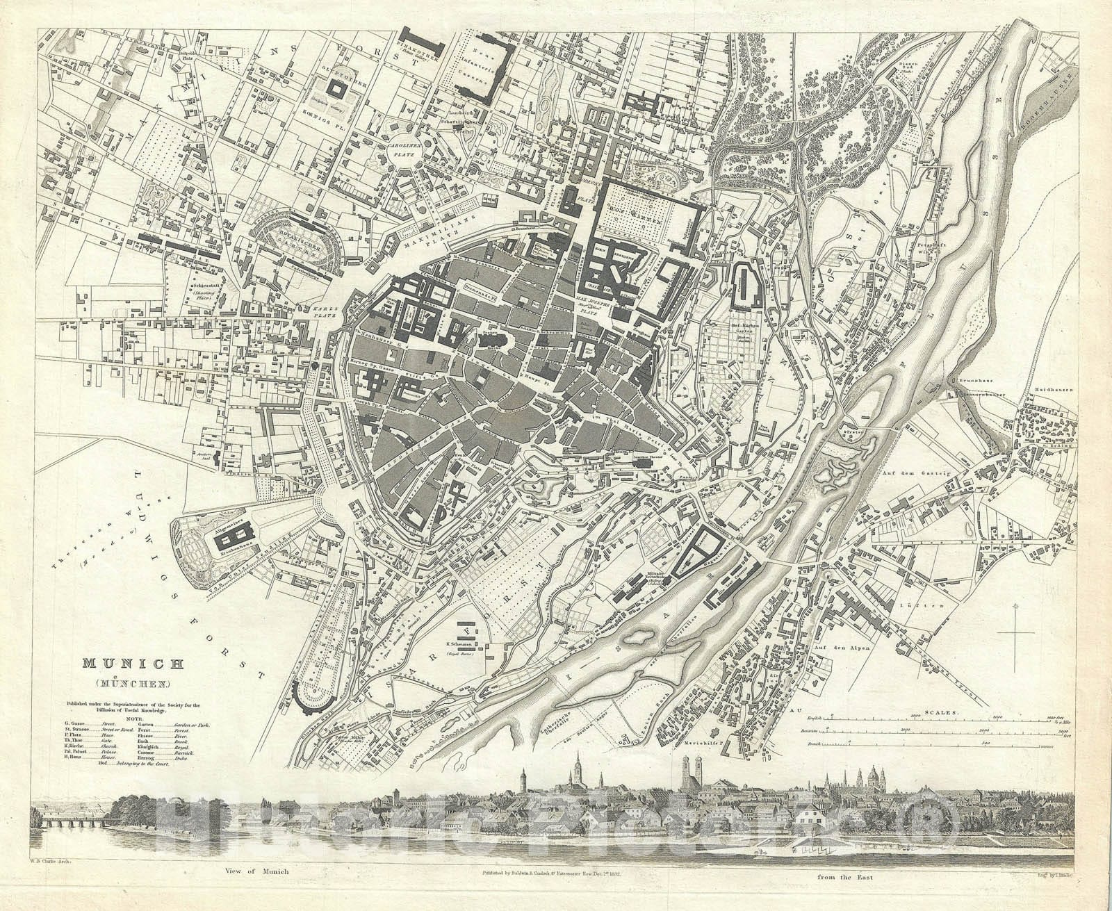 Historic Map : Plan of Munich, Germany, S.D.U.K., 1832, Vintage Wall A ...