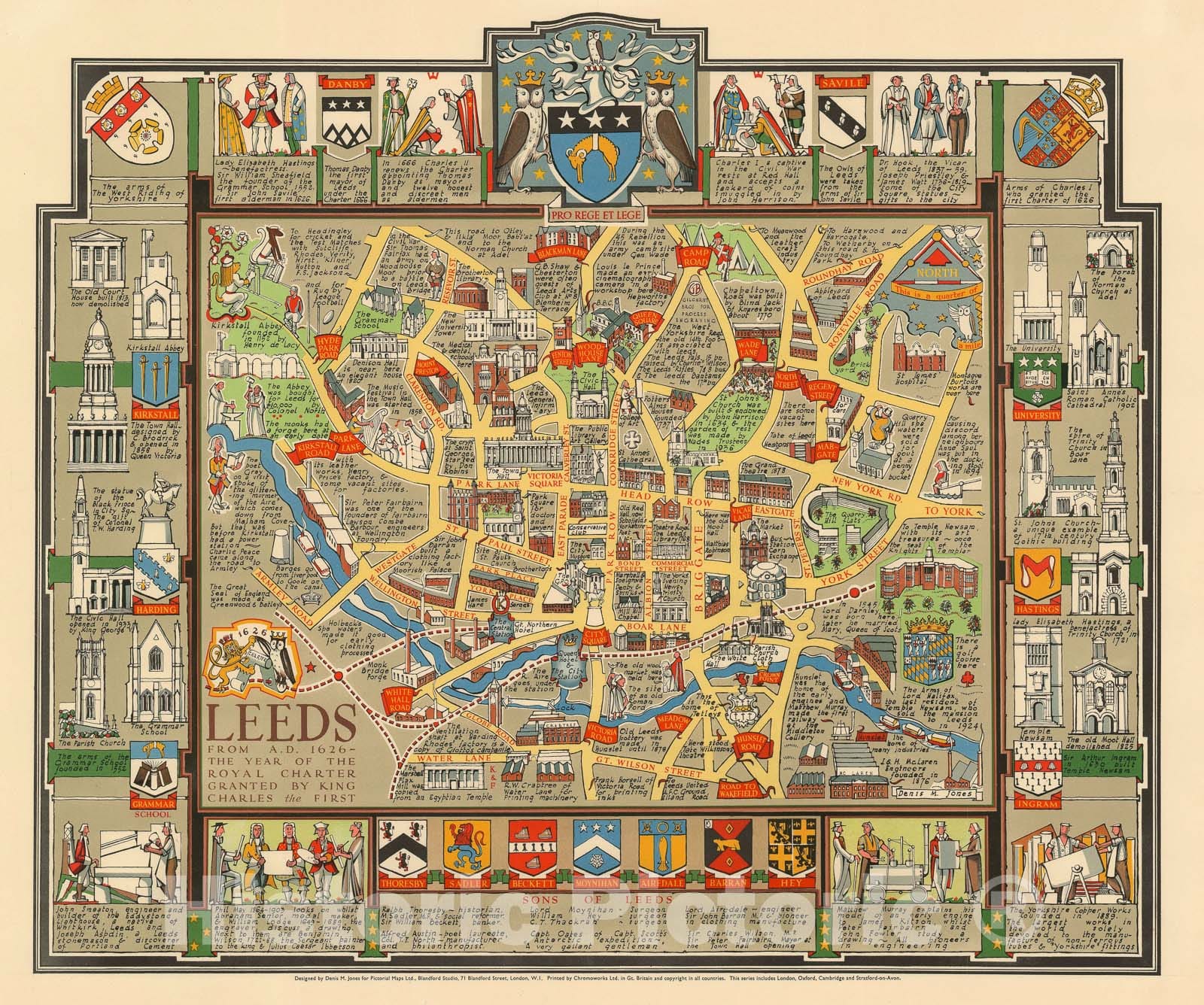 Historic Map : Pictorial Map of Leeds, England, Jones, 1949, Vintage W ...