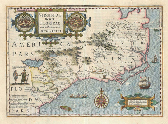 Historic Map : Florida, Carolina, and Virginia, Mercator Hondius, 1606 ...