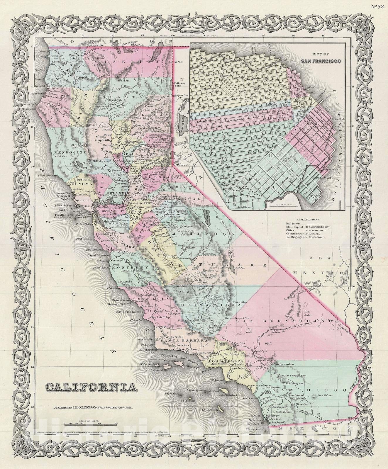 Historic Map : California and San Francisco, Colton, 1856, Vintage Wal ...