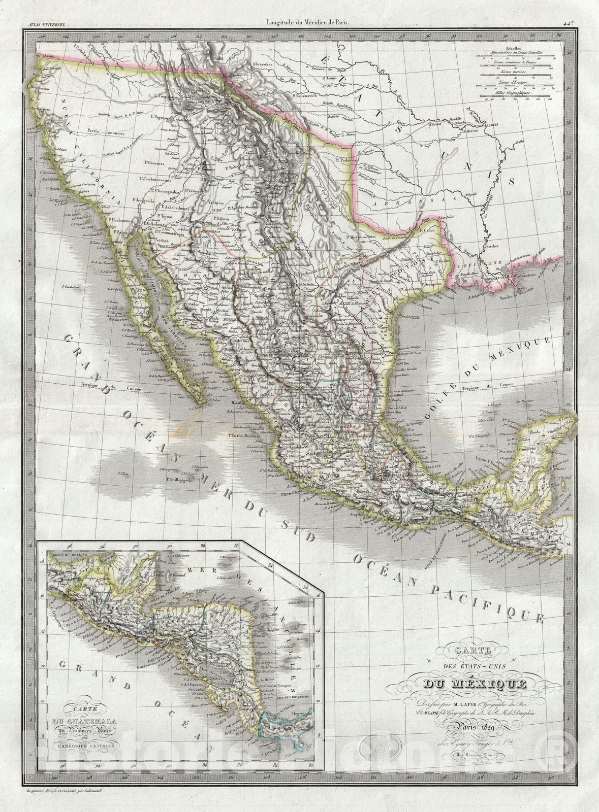 Historic Map : Mexico, Texas, and Upper California, Lapie, 1829, Vinta ...