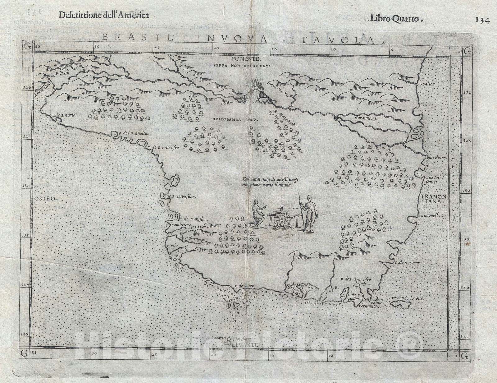 Historic Map : Brazil showing Cannibals "one of The earliest maps of B ...