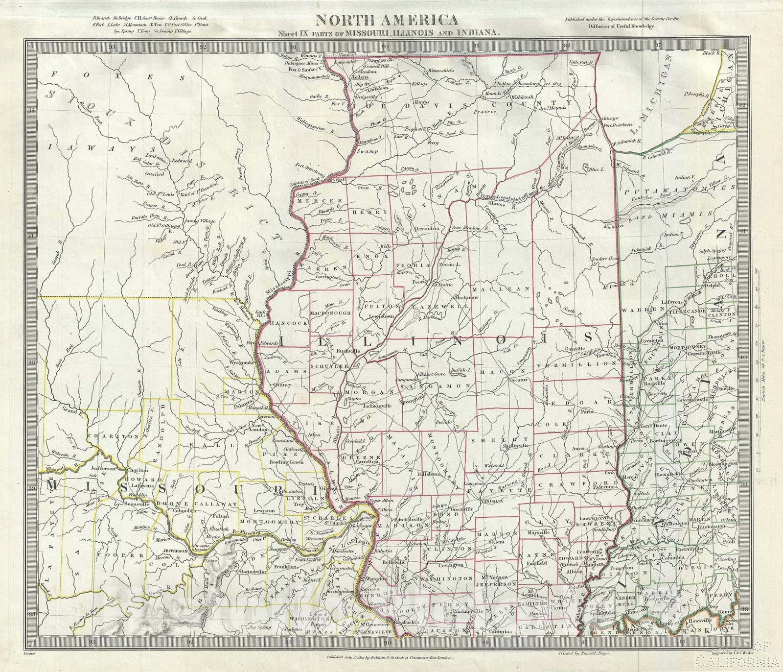 Historic Map : Missouri, Illinois, Iowa and Indiana, S.D.U.K., 1833, V ...