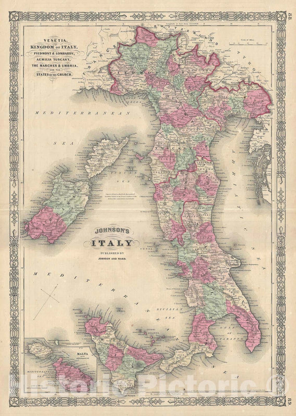 Historic Map : Italy, Johnsons, 1866, Vintage Wall Art – Historic Pictoric