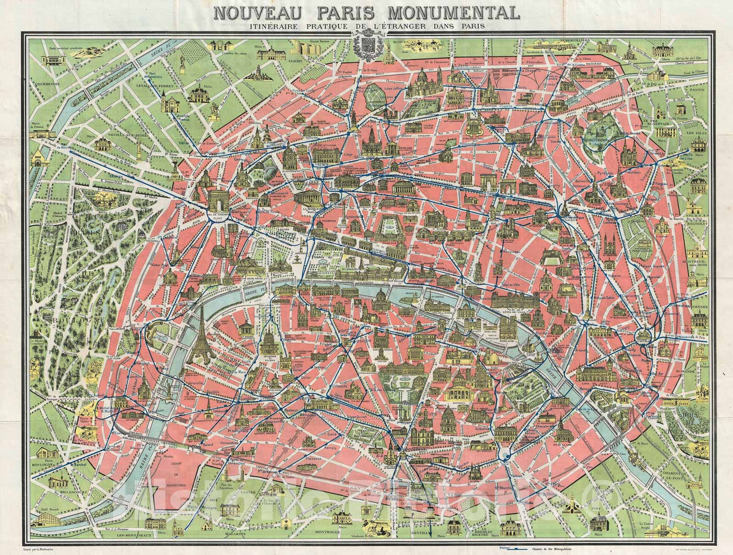 Historic Map : Maillet Pictorial Map of Paris, France w/Monuments, 193 ...