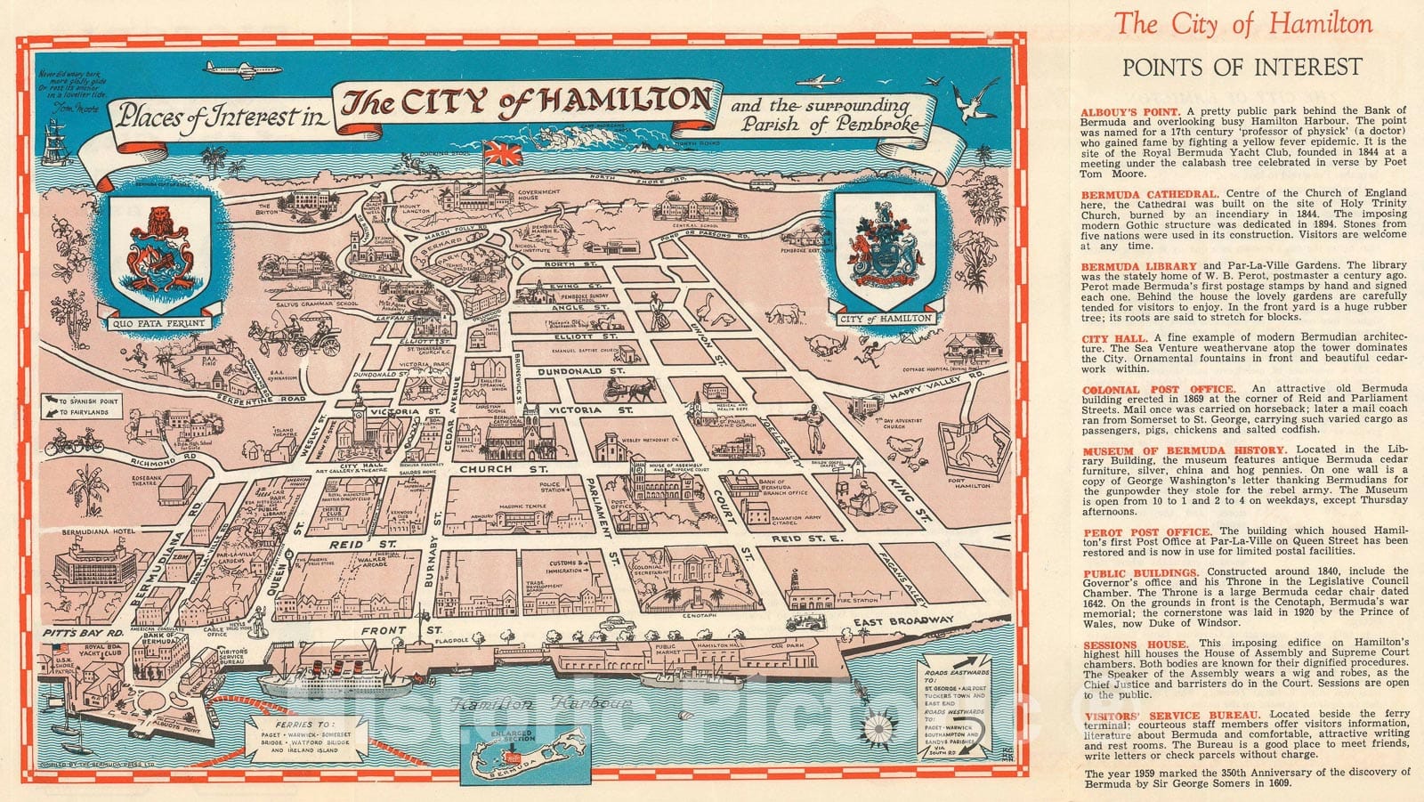 Historic Map : Bermuda Press Pictorial Map of Hamilton, Bermuda, 1959 ...